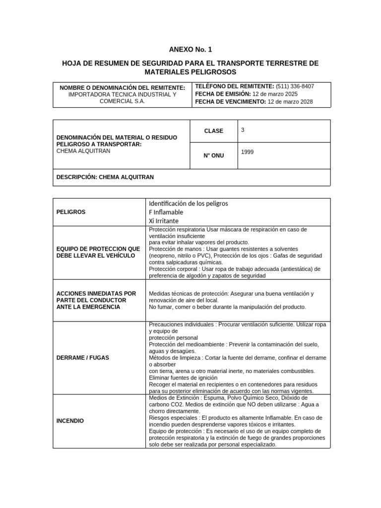 Resumen de Seguridad para Transporte de Químicos | PDF | Agua | Ventilación (Arquitectura)