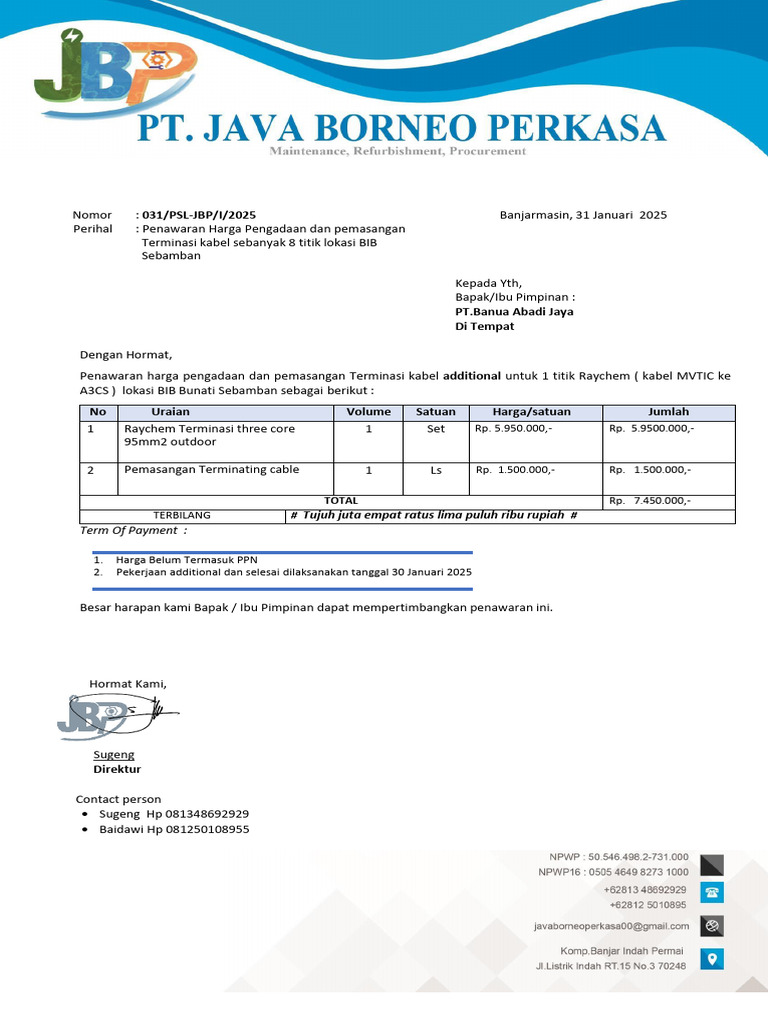 Penawaran Pengadaan & Pemasangan Terminasi Cable Sebanyak 1 Titik ...