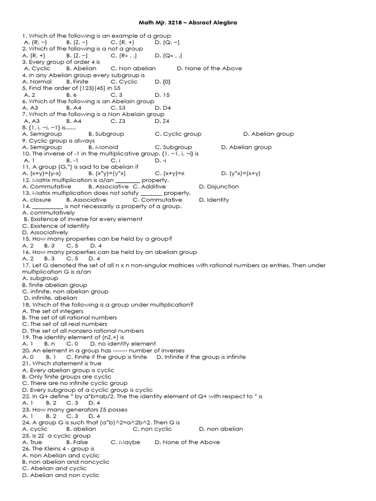 Abstract Algebra Quiz Questions | PDF | Group (Mathematics) | Abstract Algebra