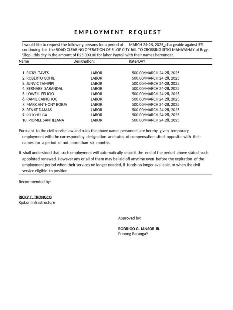 Employment Request for Road Clearing | PDF | Labor