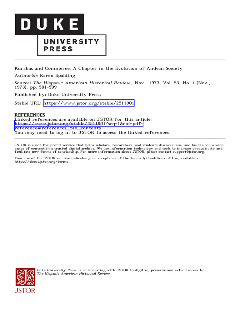 Spalding 1973 - Kurakas and Commerce - A Chapter in The Evolution of Andean Society | PDF | Inca ...