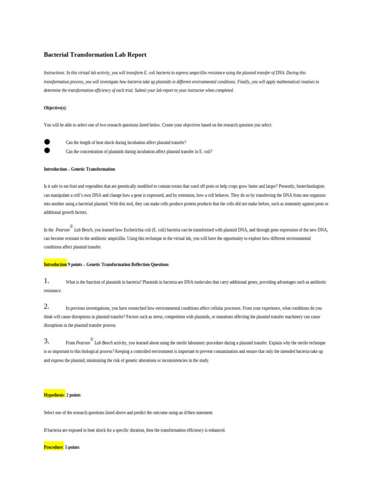 Done APBio - 608 - Bacterial - Transformation - Lab - Report | PDF ...