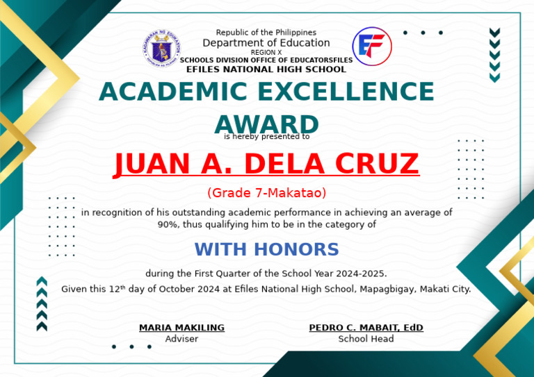 Academic Excellence Award - Juan A. Dela Cruz | PDF