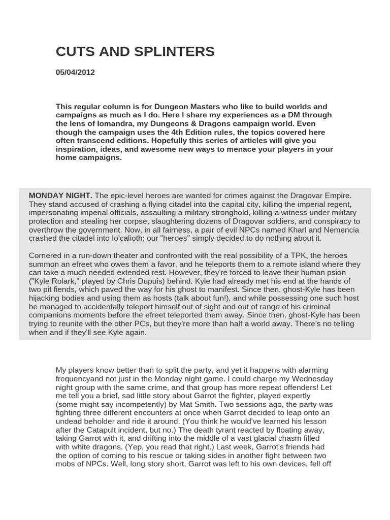 Cuts and Splinters | PDF | Dungeons & Dragons