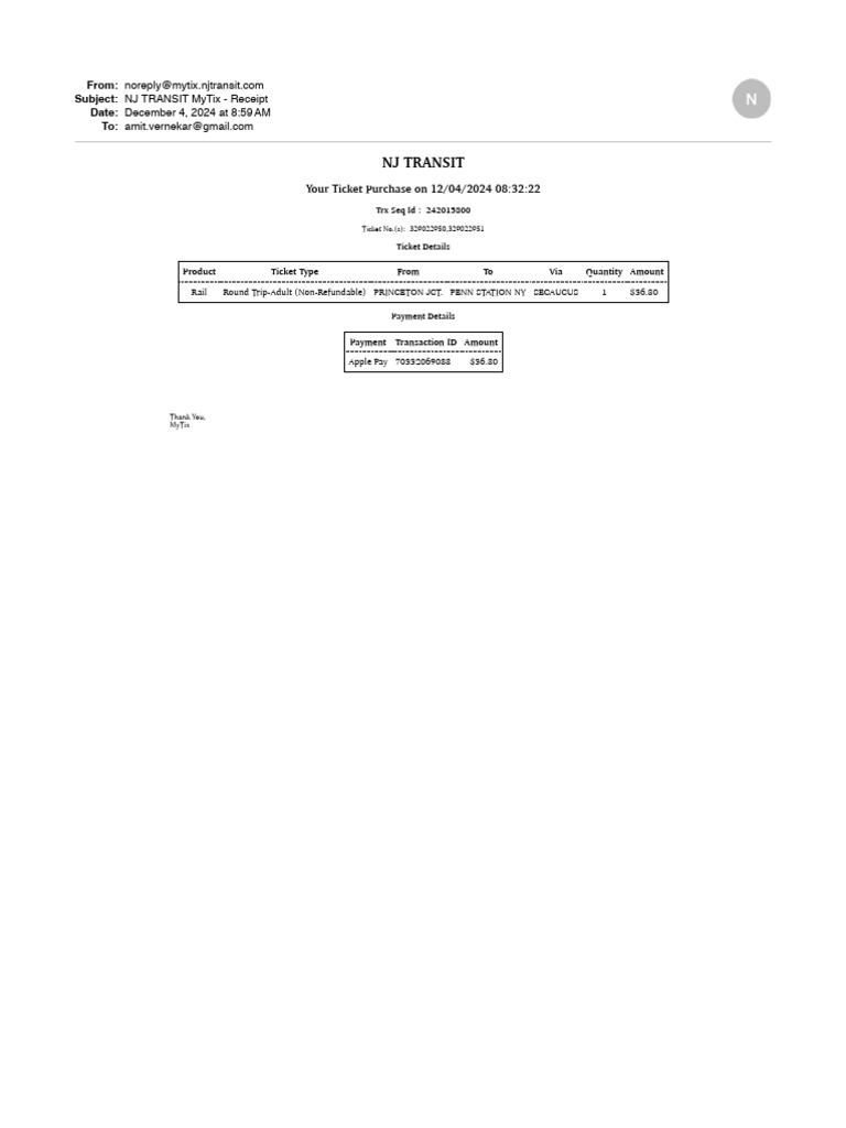 NJ TRANSIT MyTix Receipt | PDF