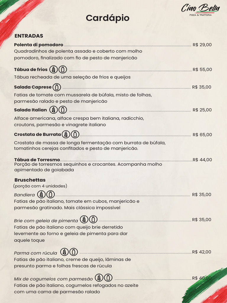 Menu Italiano: Pratos e Pizzas Deliciosas | PDF | Cerveja | Pesto