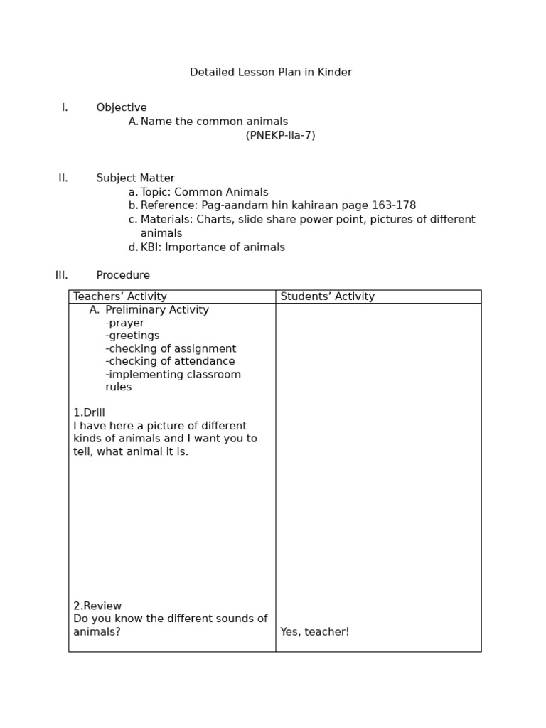 Kinder Lesson Plan: Common Animals | PDF | Lesson Plan