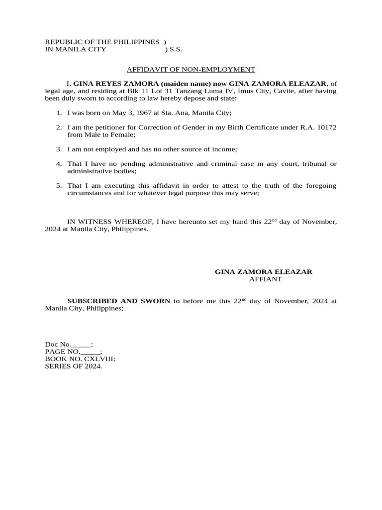 AFFIDAVIT OF NON-EMPLoyment Correction of Gender Eleazar | PDF