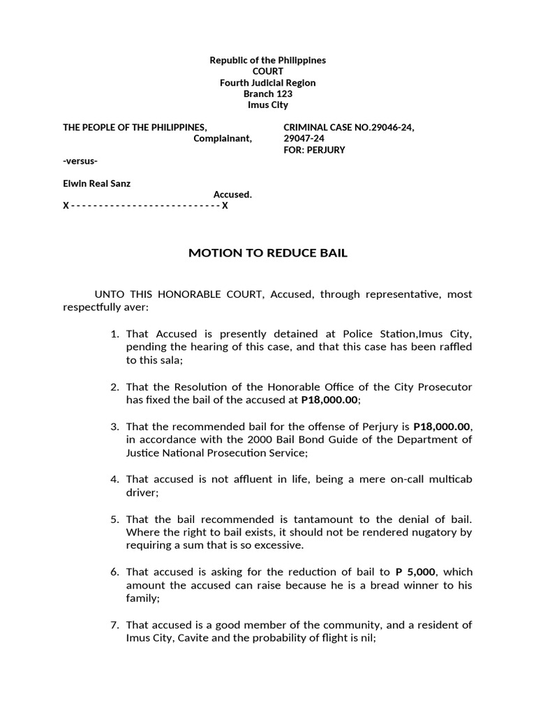 Motion-to-Reduce-Bail Sanz | PDF | Bail | Prosecutor