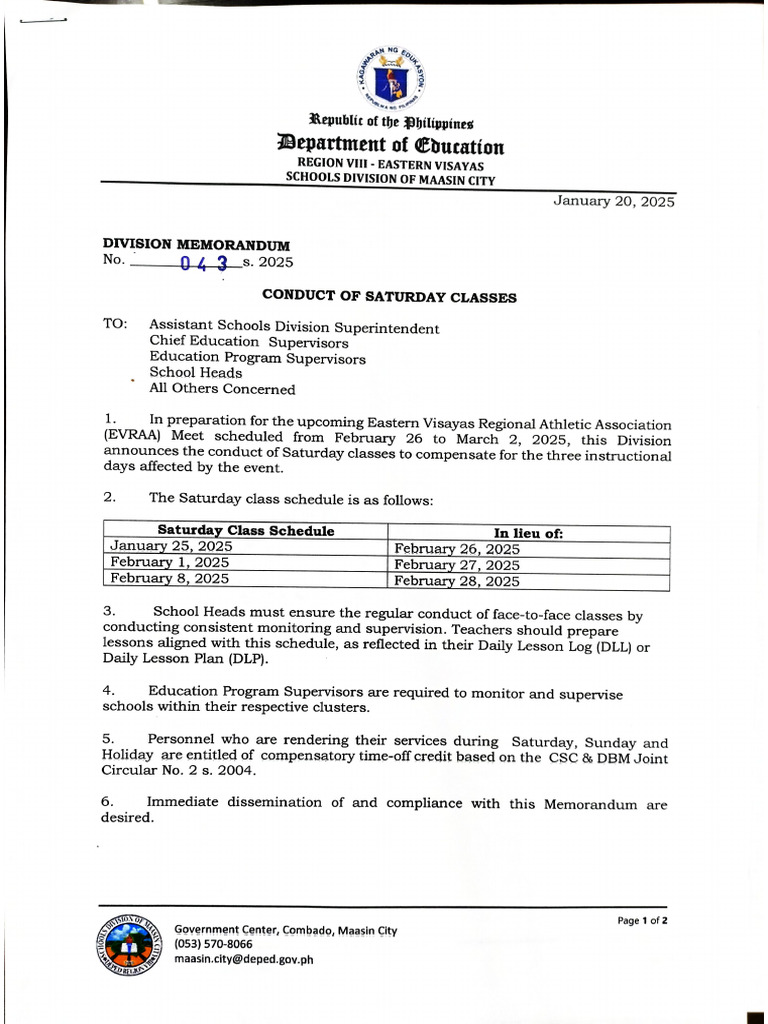 DM No. 043, S. 2025 Conduct of Saturday Classes | PDF