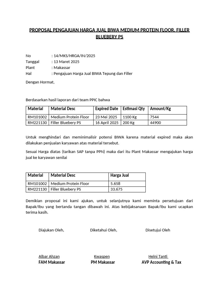 Proposal Pengajuan Harga Jual Biwa Medium Protein Floor | PDF