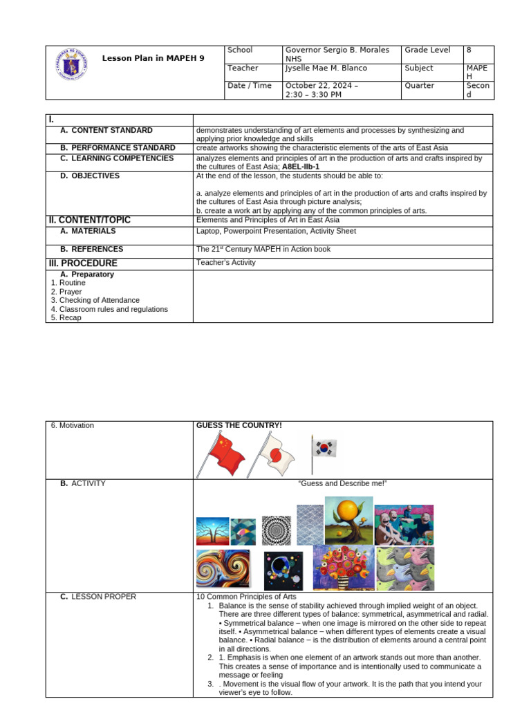 MAPEH 9 Lesson Plan: East Asian Art Principles | PDF | Composition ...