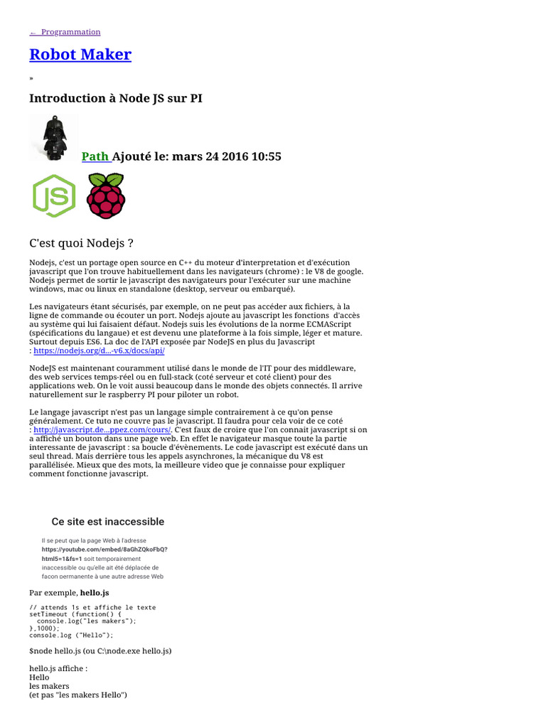 Introduction À Node JS Sur PI - Programmation - Tutoriels - Robo | PDF | JavaScript | Internet