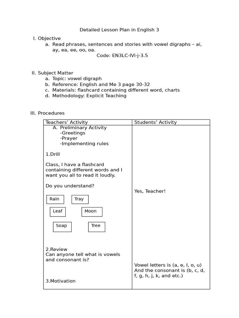 English 3 Lesson Plan: Vowel Digraphs | PDF | English Language ...