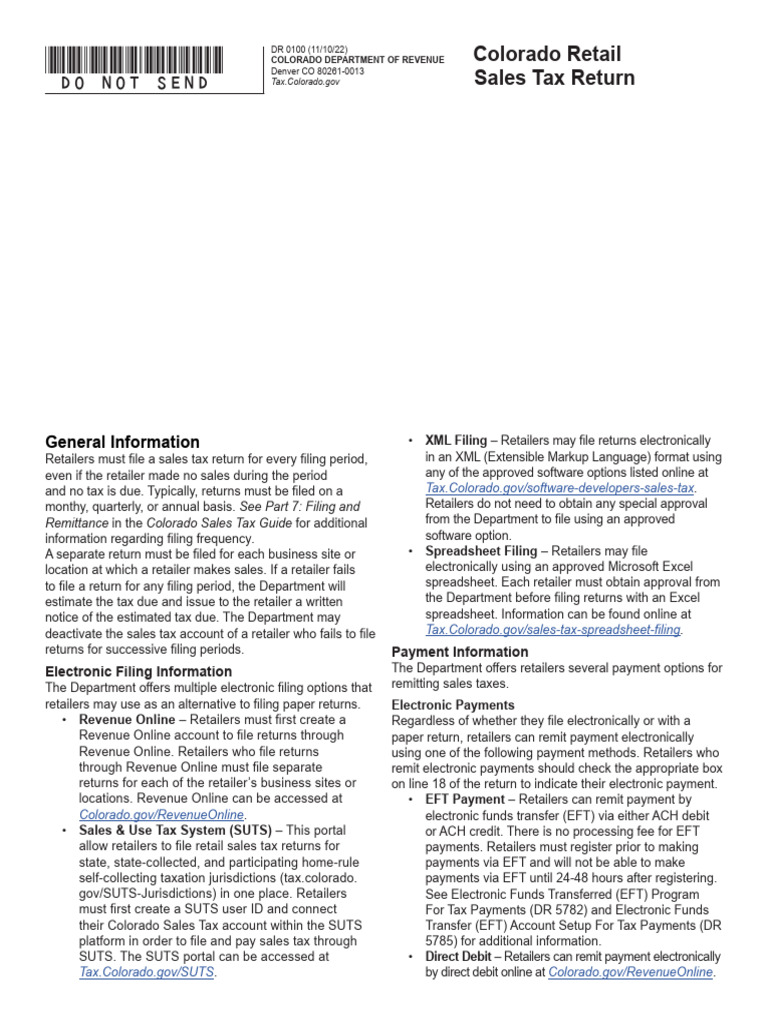 Colorado DR 0100 Sales Tax Return Guide | PDF | Taxation In The United ...