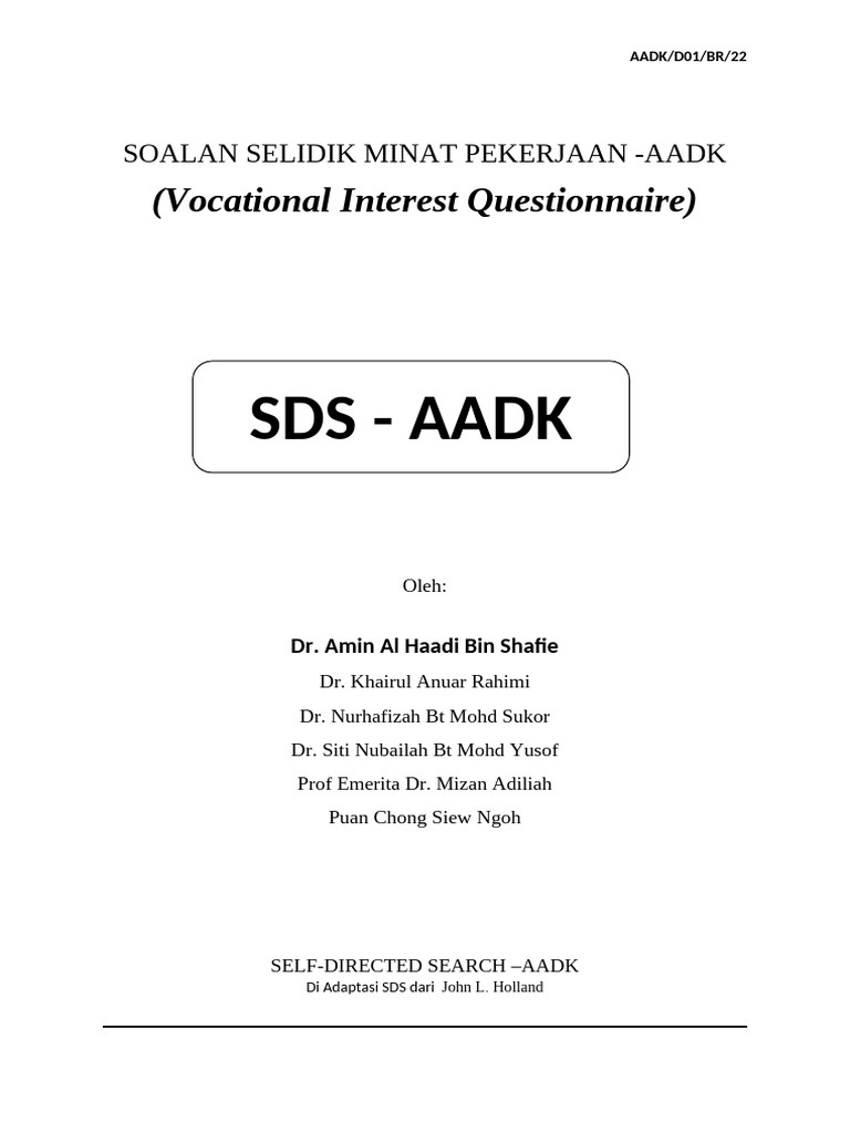 Sds - Aadk: (Vocational Interest Questionnaire) | PDF
