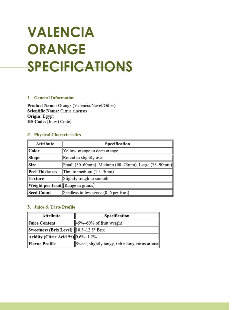 Valencia Orange Specifications Guide | PDF