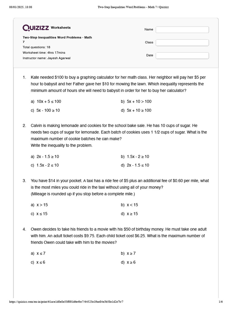 Quizizz - Two-Step Inequalities Word Problems - Math 7 | PDF ...