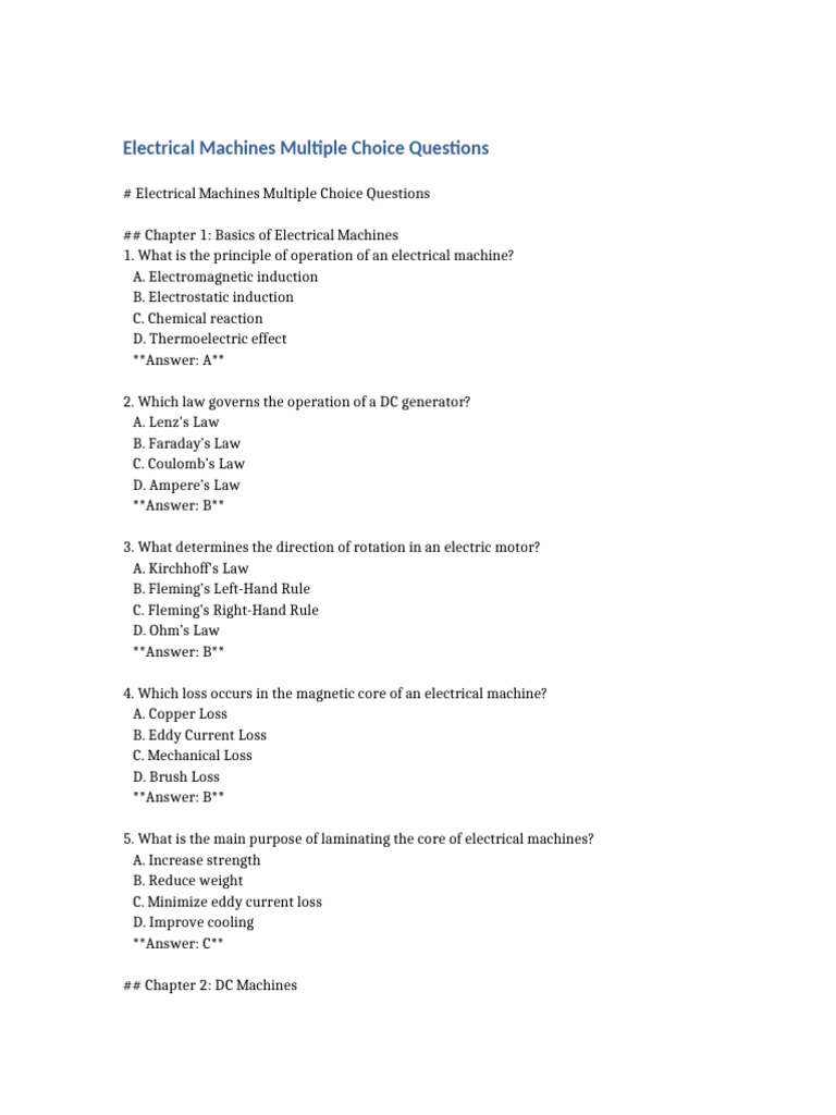 Electrical Machines MCQs | PDF | Electric Motor | Transformer