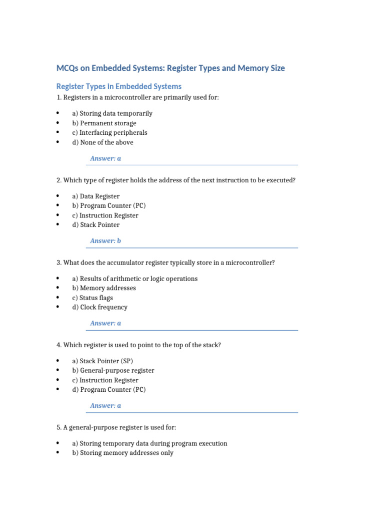 Embedded Systems Register Memory MCQs | PDF | Read Only Memory | Random Access Memory