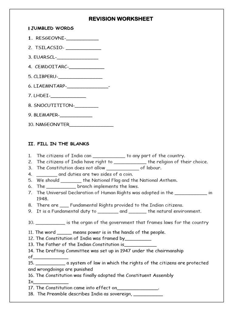 Ch1 Revision Worksheet - Copy | PDF | Constitution | Statutory Law