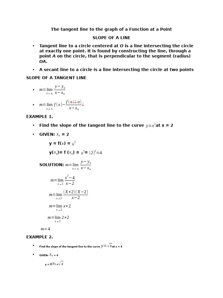 Week 4 Lecture Tangent Line | PDF | Tangent | Slope