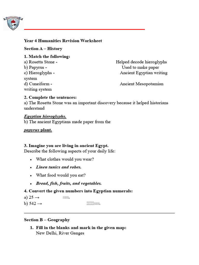 Year 4 Revision Worksheet Humanities | PDF