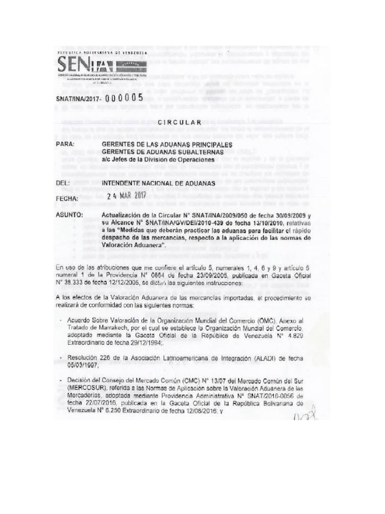 Circular 005 Ina 2017 Valoraciã - N Aduanera | PDF