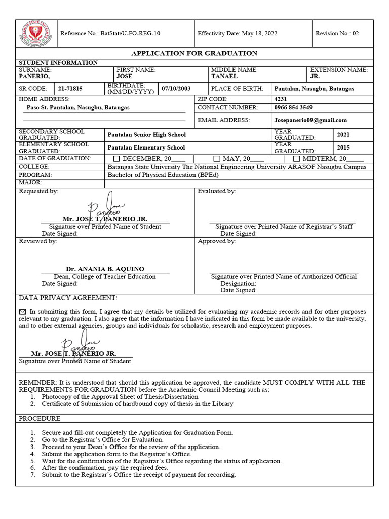 BatStateU Graduation Application Form | PDF | Thesis
