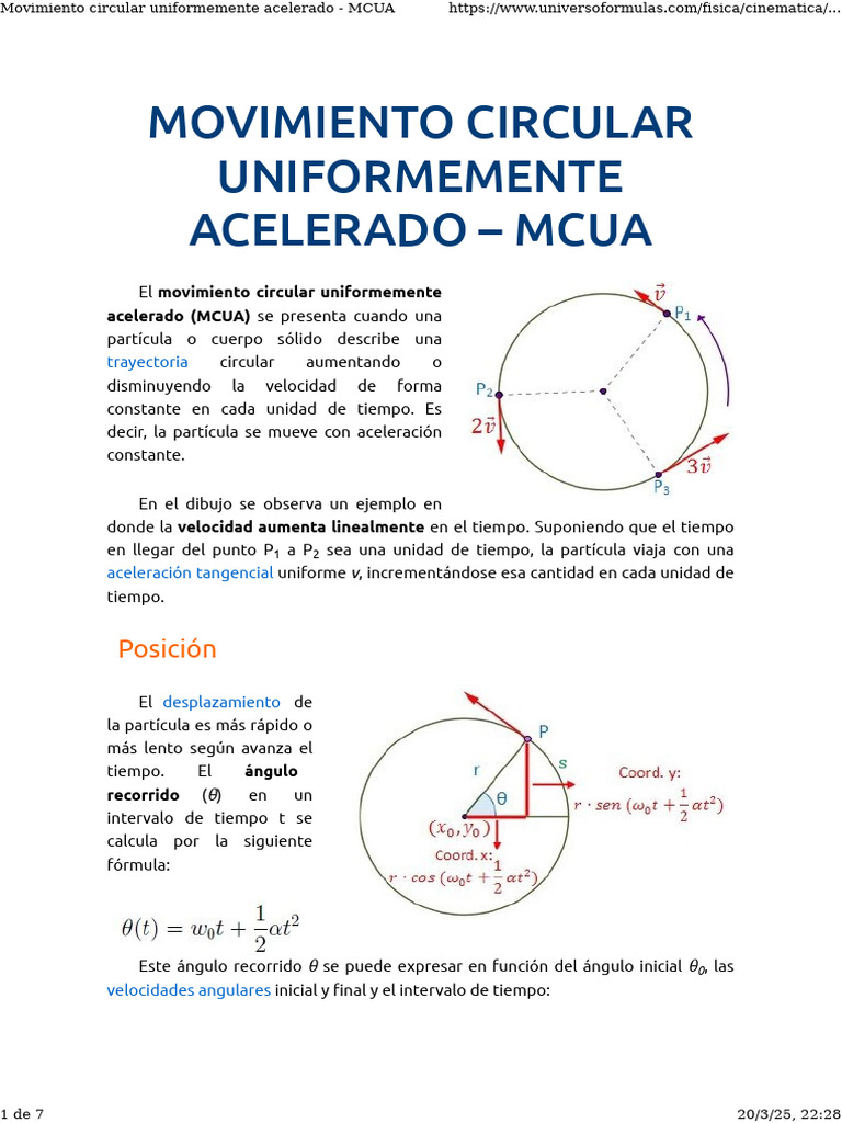 Movimiento Circular Uniformemente Acelerado - MCUA | PDF | Aceleración | Velocidad