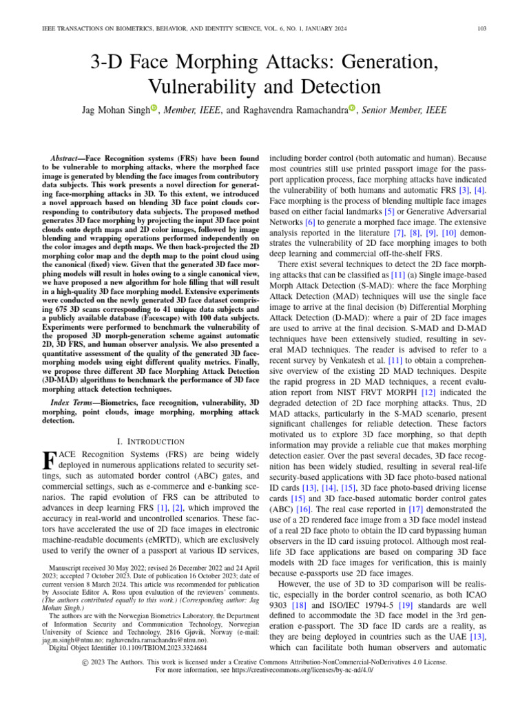 3-D Face Morphing Attacks Generation Vulnerability and Detection | PDF