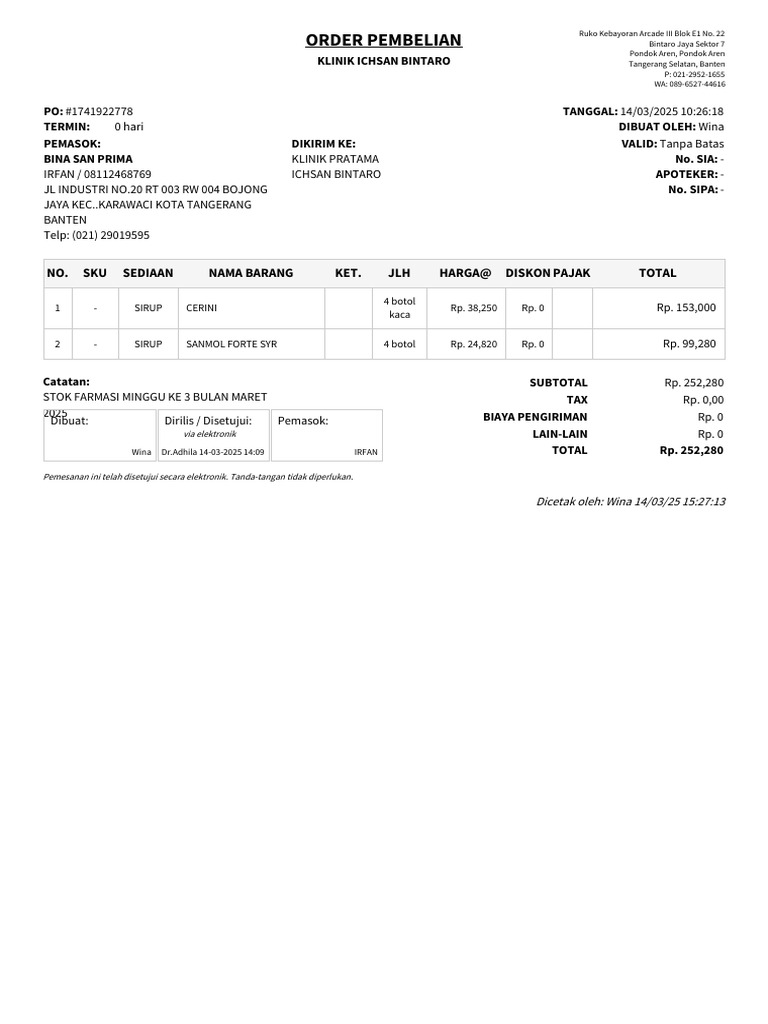 Contoh Purchase Order Klinik Bintaro | PDF