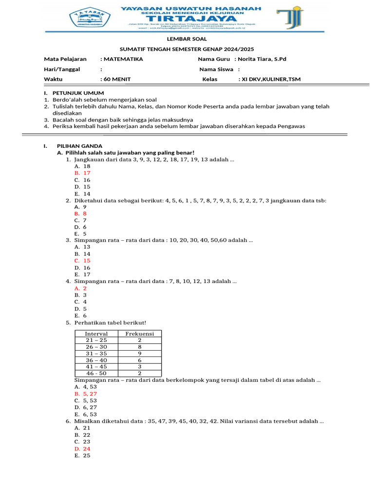SOAL STS MTK 2 | PDF