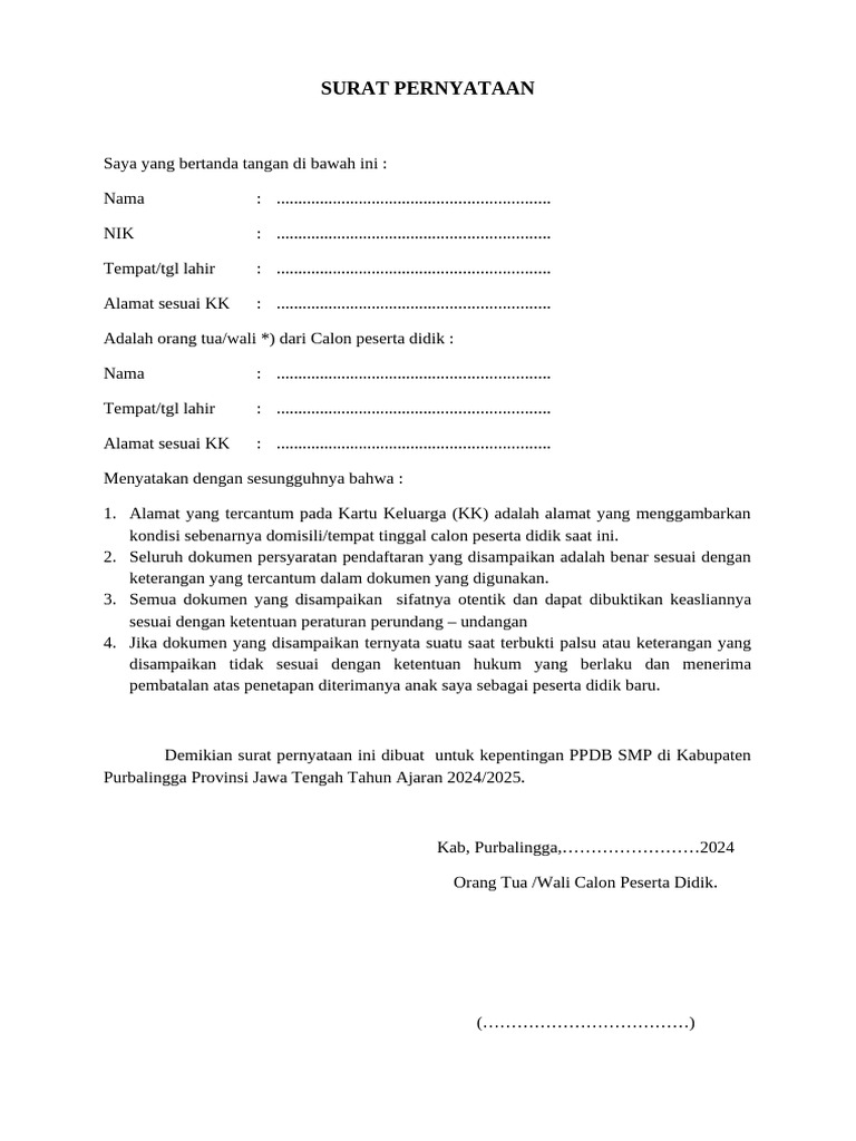 Surat Pernyataan Masuk SMP | PDF