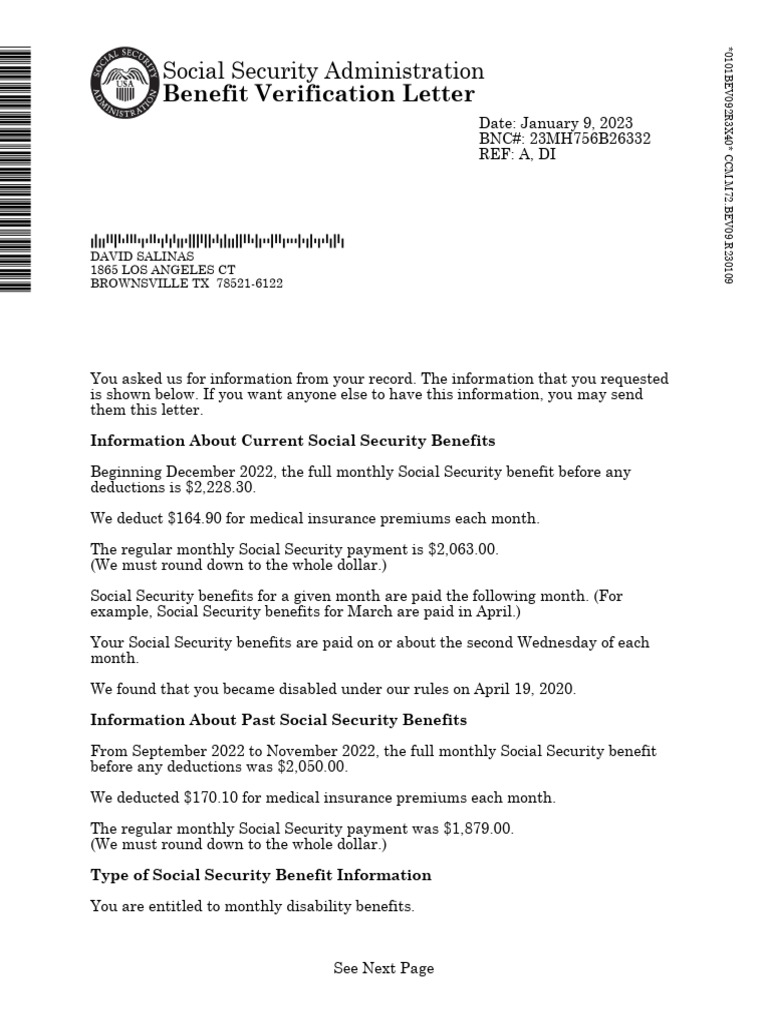 Benefit Verification Letter 01092023 | PDF | Social Security (United ...