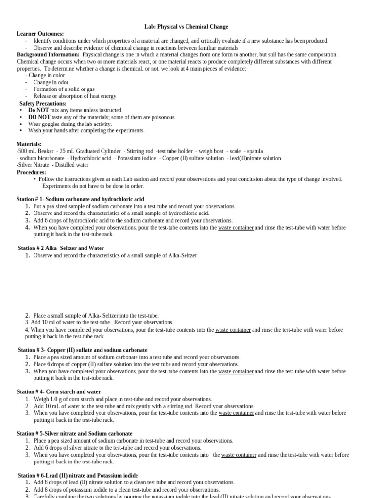 Lab 1 Physical Change and Chemical Change | PDF | Chemical Reactions ...