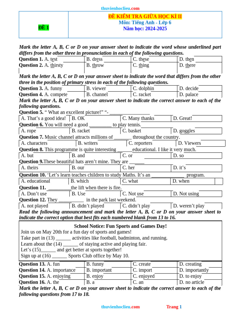 thuvienhoclieu.com-Bo-de-kiem-tra-giua-HK2-Tieng-Anh-6-global-24-25 | PDF | Sydney