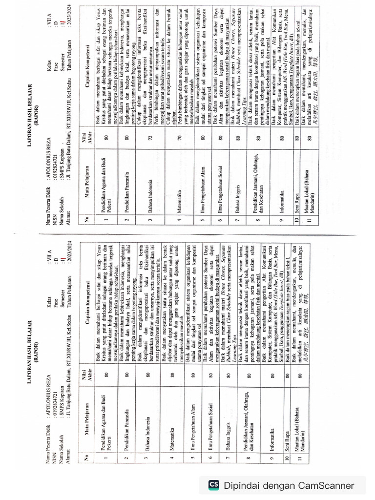 Contoh Nilai Dan Capaian Kompetensi Rapo (2) | PDF