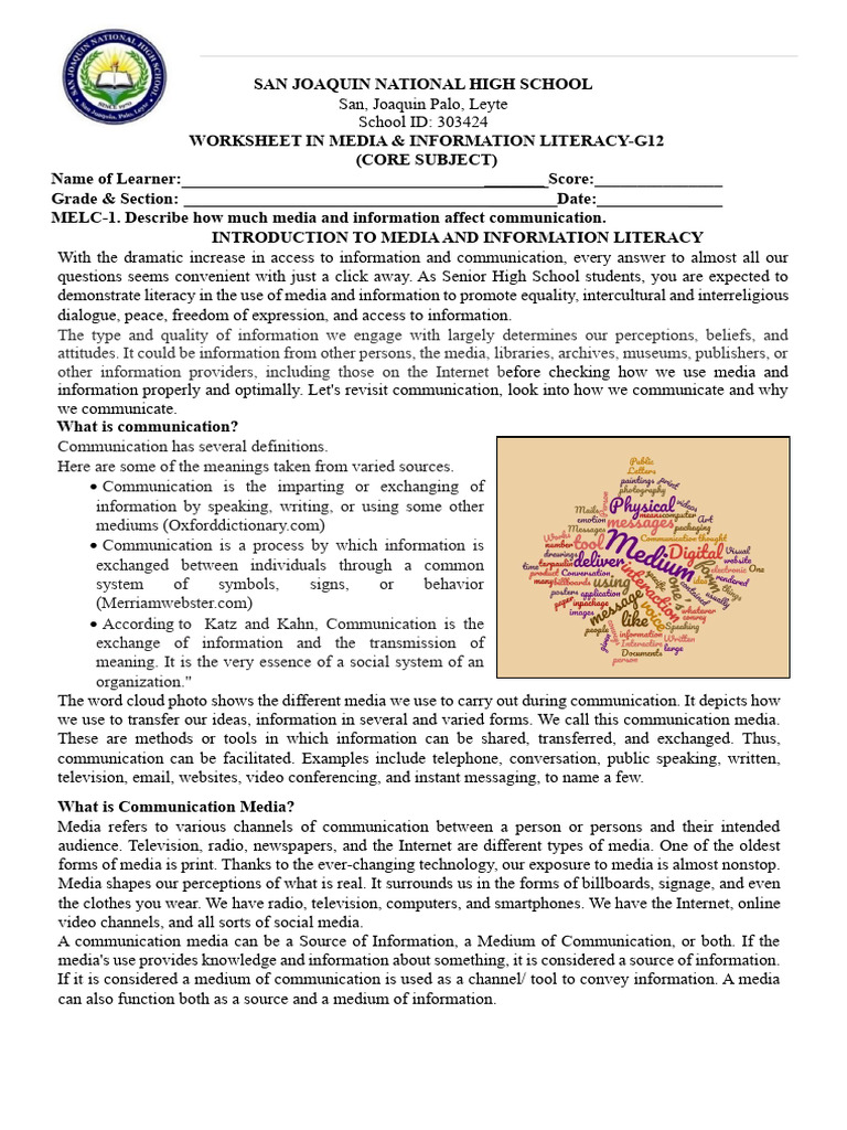 Media and Information Literacy Worksheet No. 1 2 | PDF | Communication ...