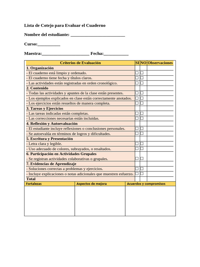 Lista de Cotejo para Corregir El Cuaderno - 1 | PDF