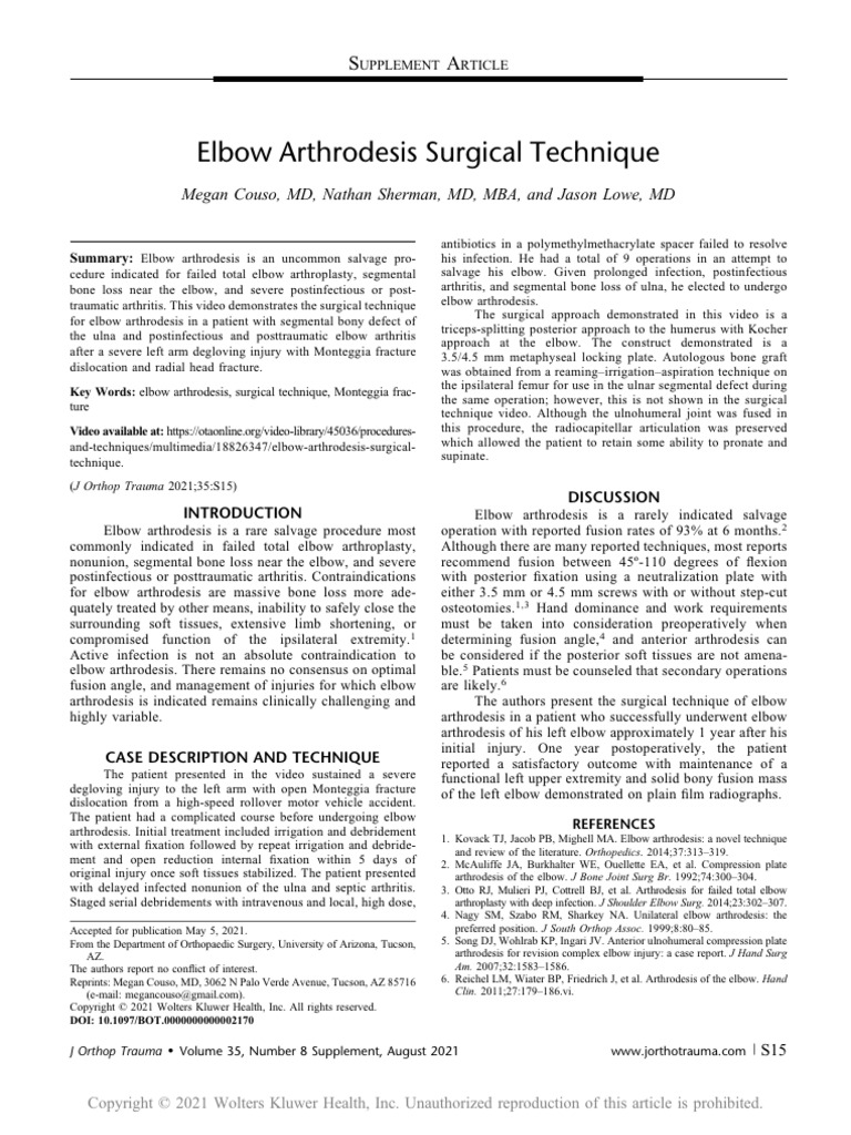 Elbow Arthrodesis Surgical Technique | PDF | Elbow | Musculoskeletal System
