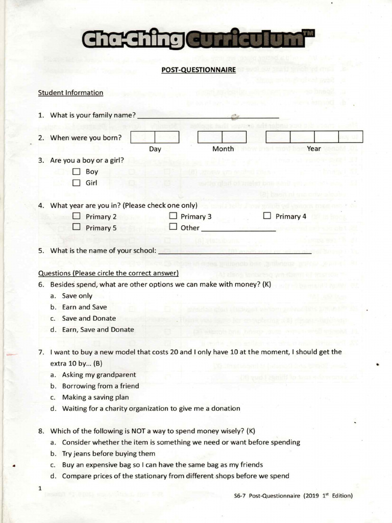 ChaChing POST QUESTIONNAIRE Page1 | PDF