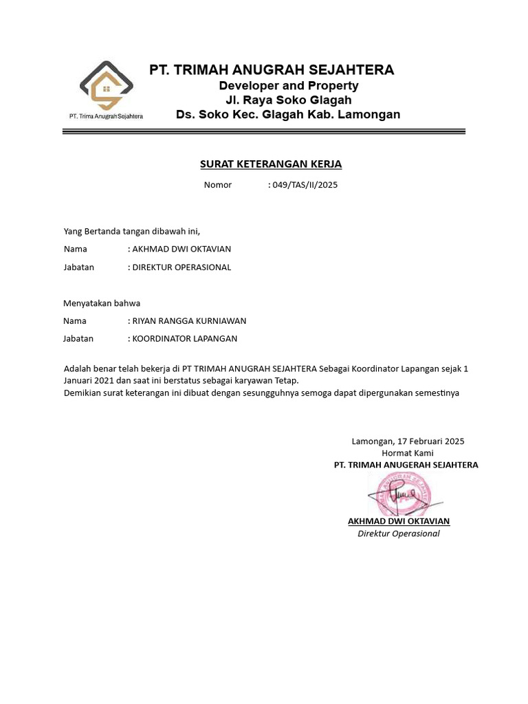 Surat Keterangan Kerja Karyawan Tetap | PDF