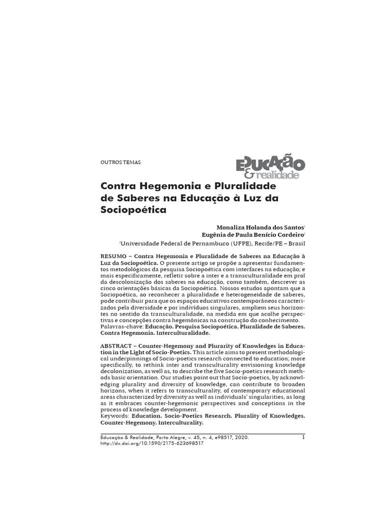 Contra Hegemonia e Pluralidade de Saberes Na Educação À Luz Da ...