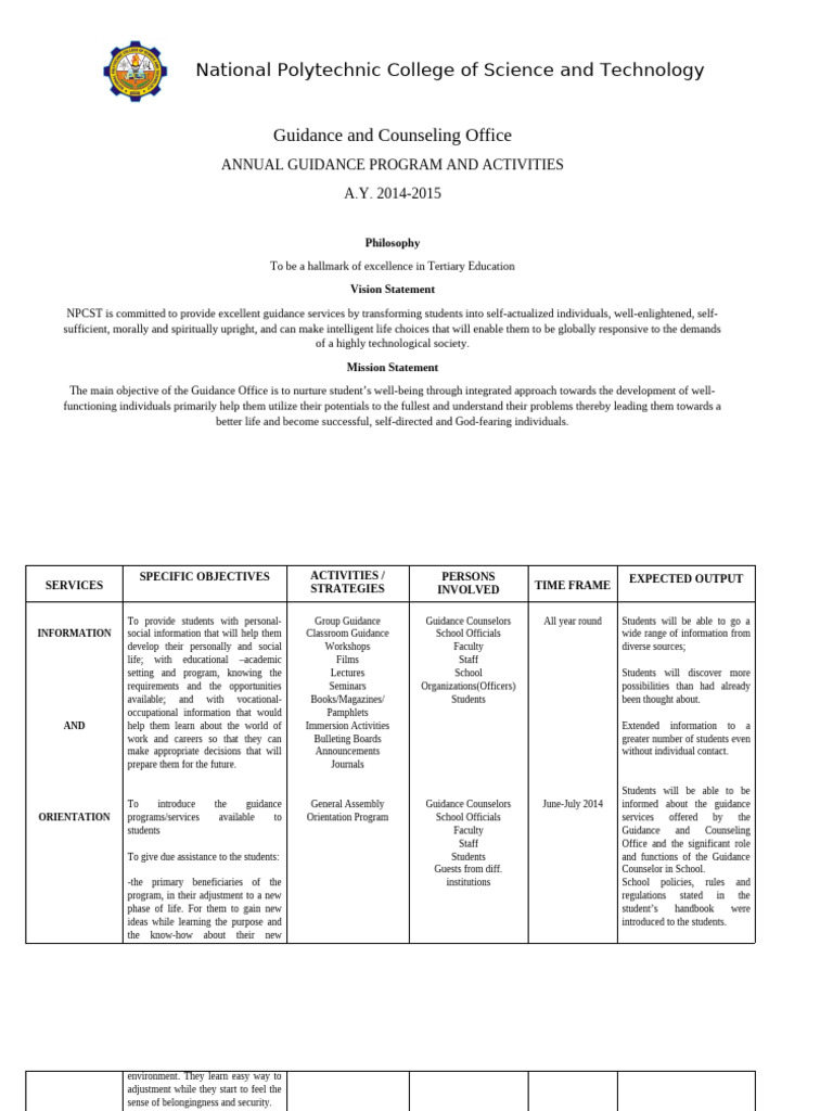 NPCST Annual Guidance Program 2014-2015 | PDF | Psychotherapy | Cognition