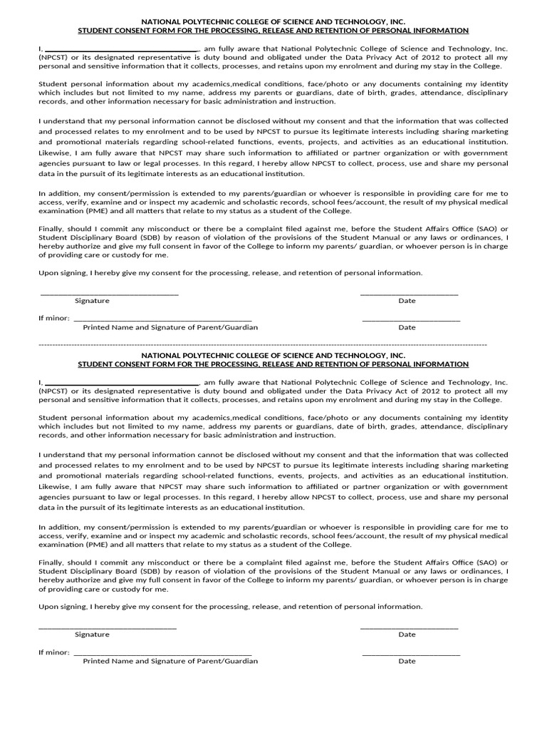 EDITED NPCST Data Privacy Policy and Consent Form | PDF | Consent | Privacy