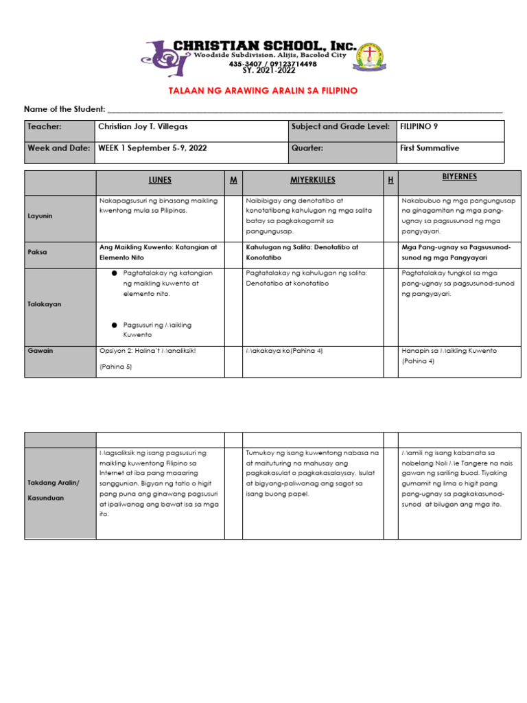 Filipino 9 Week 1 Daily Lessons Guide | PDF
