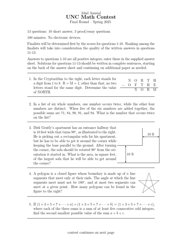 UNC Math Contest 2025 Questions | PDF | Area | Numbers