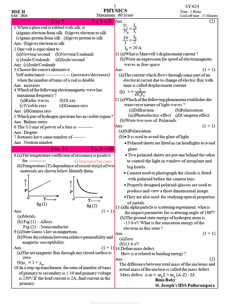 +2 PHY ONE PAGE QP and KEY SAY 2024 - Hssreporterâ Com | PDF | Inductor | Capacitor