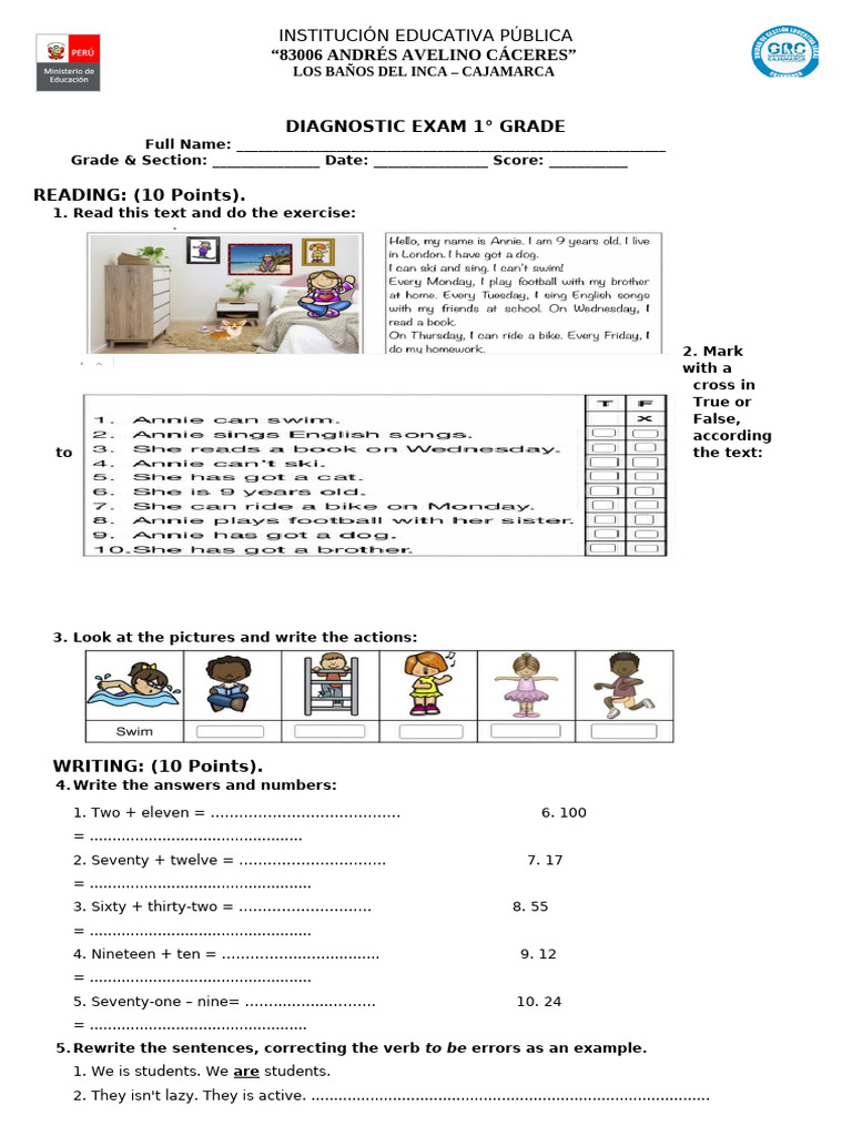 Diagnostic Exam First Grade | PDF
